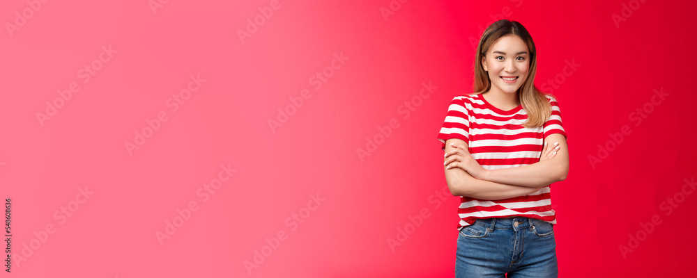 Friendly happy enthusiastic cute blond asian girl look camera smiling ...