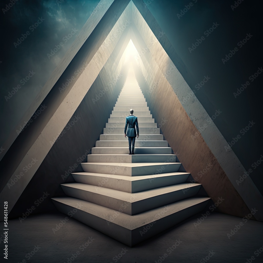 Man in futuristic stairs. Road to success in business. Climbing the ...