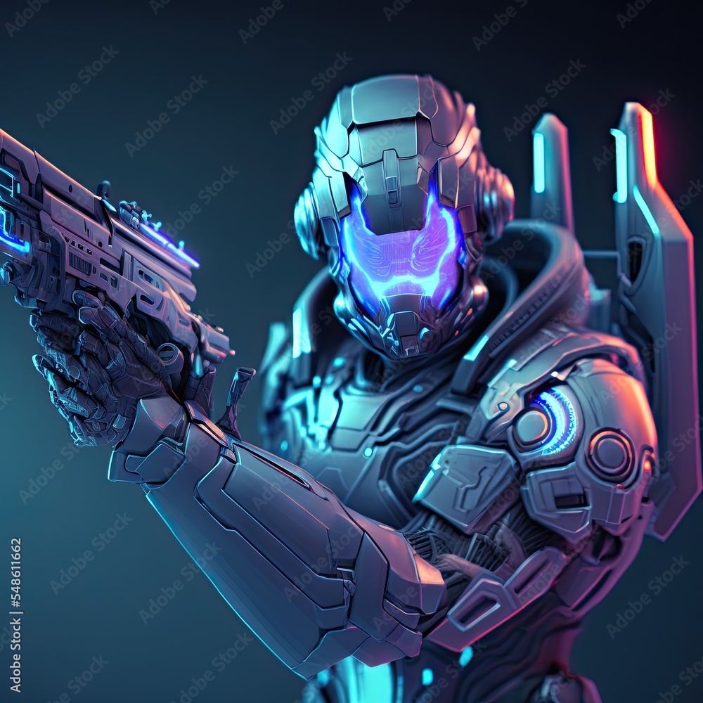 Future cyborg mecha soldier in action pose with gun. Epic 3d character ...