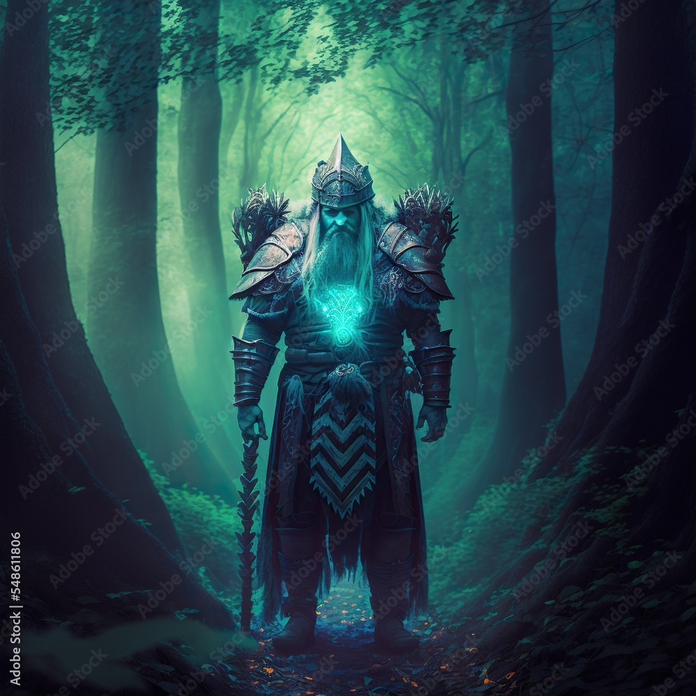 Dwarven warlock warrior in ancient forest of elves. Fantasy 3d ...