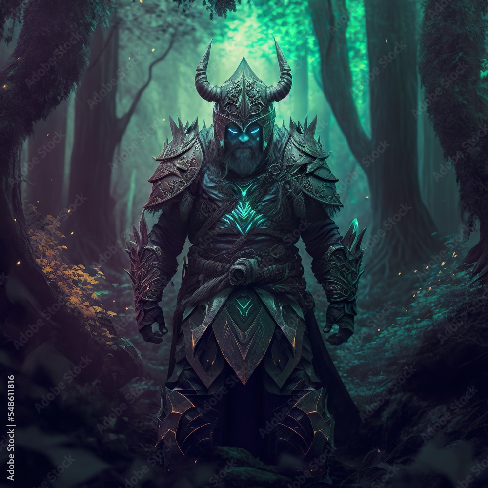 Dwarven warlock warrior in ancient forest of elves. Fantasy 3d ...