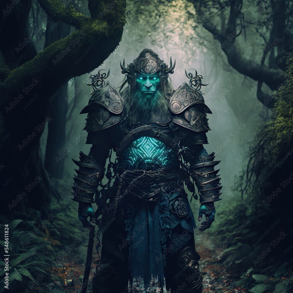 Dwarven warlock warrior in ancient forest of elves. Fantasy 3d ...
