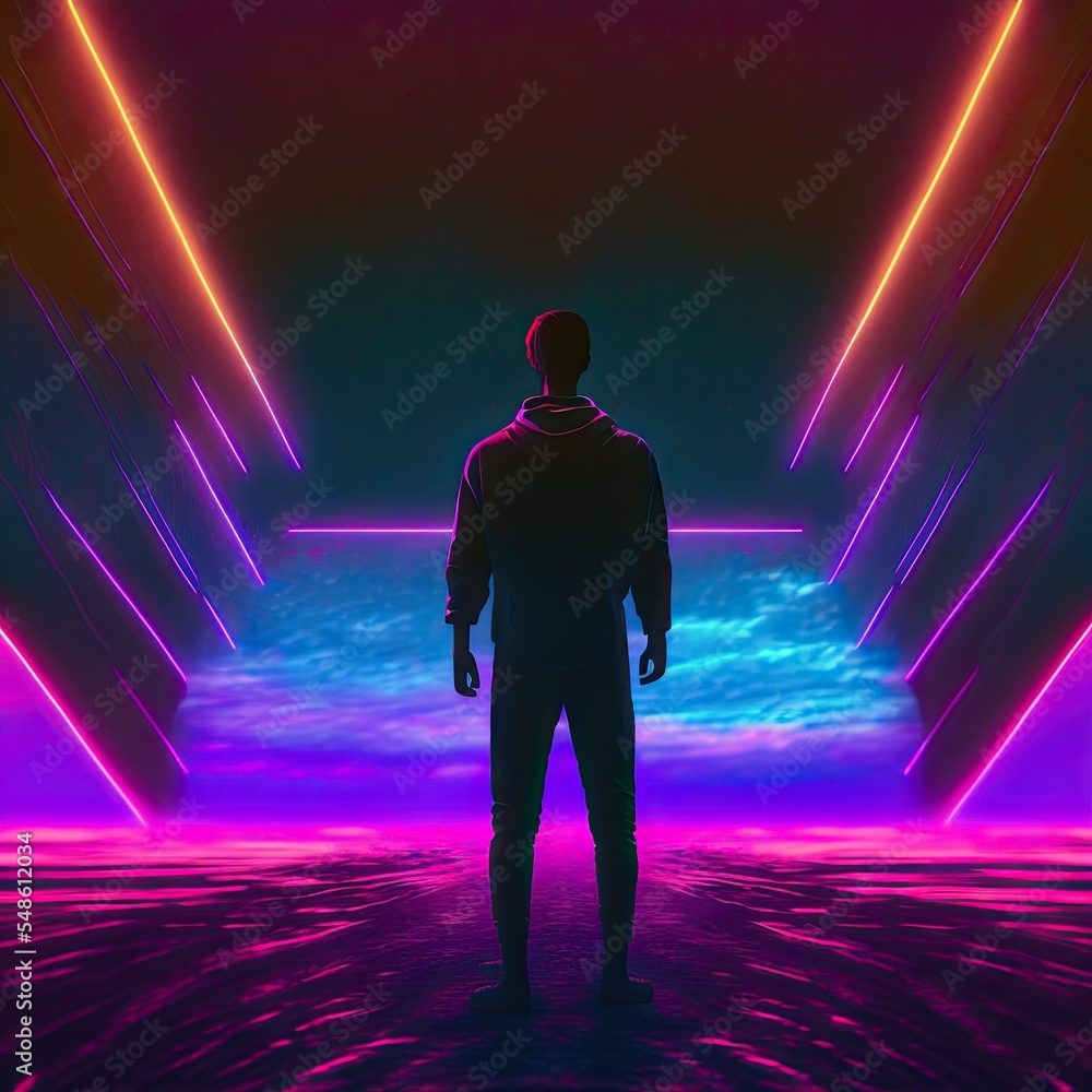 Epic cyberpunk metaverse cyberspace avatar background. Man in hoodie ...