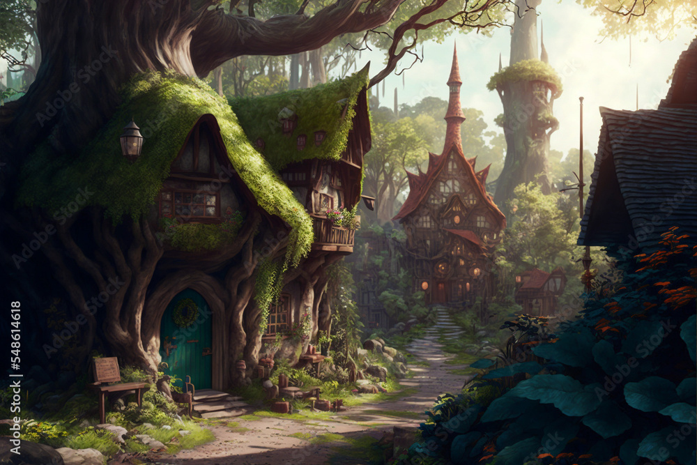 Fantasy forest village illustration, magical storybook town Stock ...