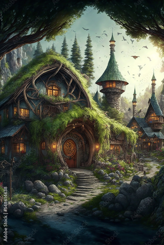 Fantasy forest village illustration, magical storybook town Stock Photo ...