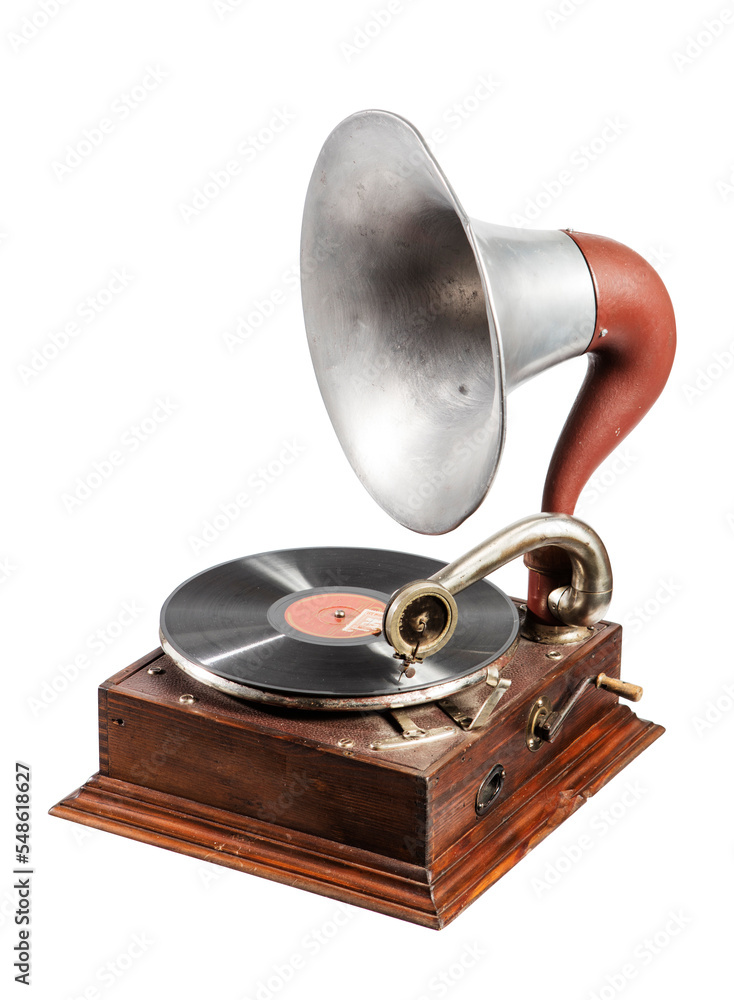 Gramophone is an Music device. Old gramophone with plate or vinyl disk ... Gramophone is an Music device. Old gramophone with plate or vinyl disk ...