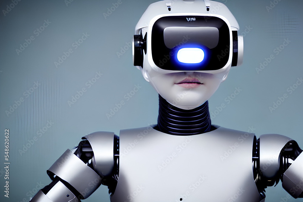 futuristic technology, artificial intelligence, robot wearing a VR ...