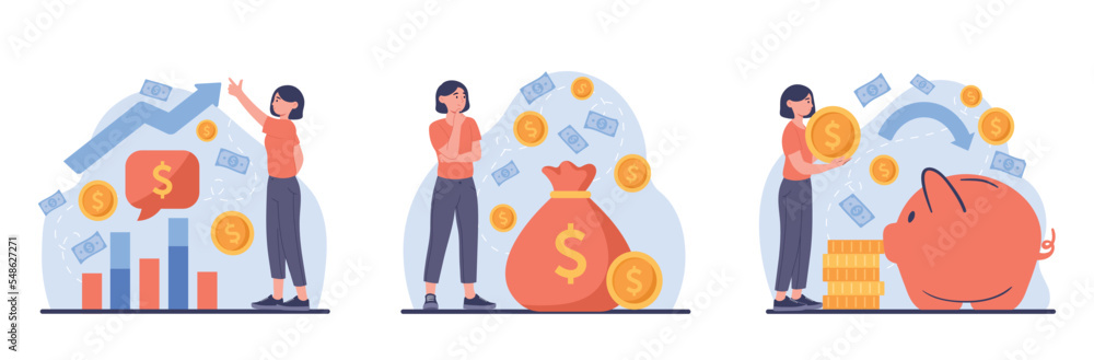 Money savings set. Financial literacy and savings, characters with ...