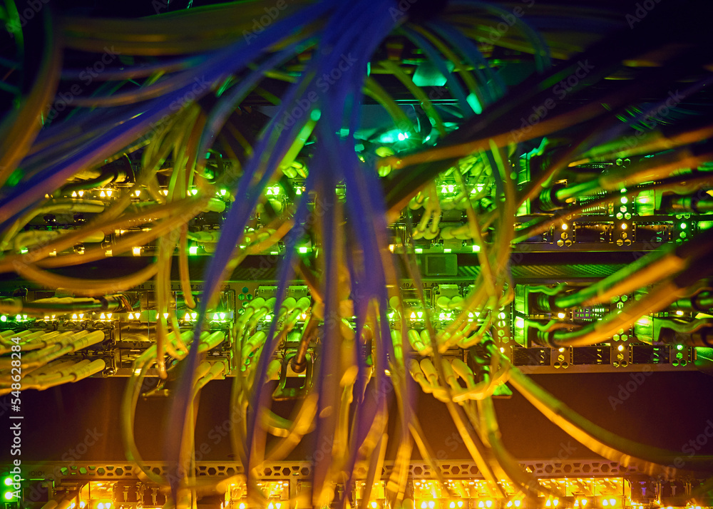 Illuminated network cables in server room Stock Photo | Adobe Stock