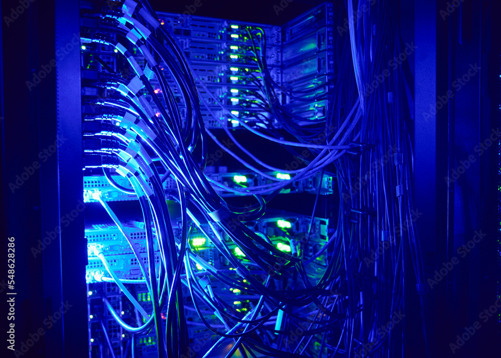 Illuminated network cables in server room Stock Photo | Adobe Stock