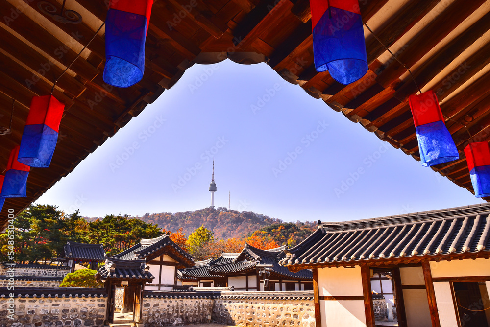 Traditional village scenery of Namsan Hanok Village in Seoul, 서울 남산한옥 ...