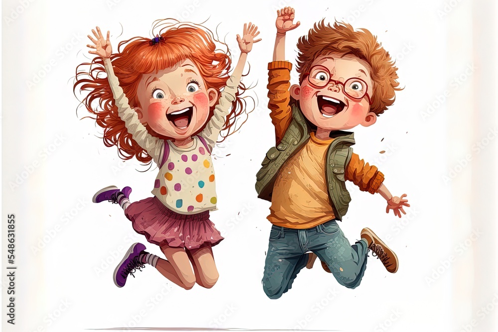 Smiling Girl And Boy Jumping For Joy And Hands Up Cute Children ...