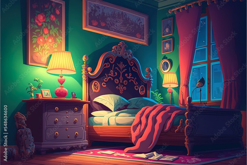 Cartoon Interior Of Rich Bedroom With Clocartoon Style, Nightstand ...