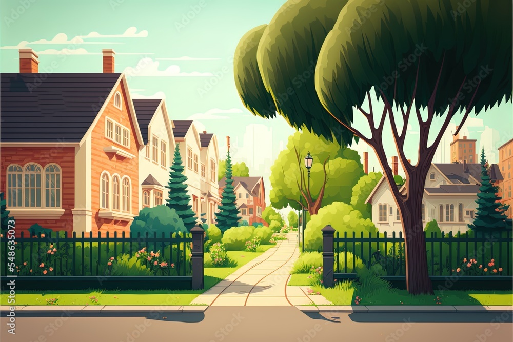 City Street With Garden And Buildings Behind Fence 2D Illustrated ...