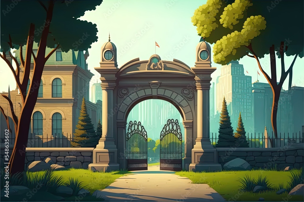 Summer Landscape With Stone Arch Entrance To City Park, Metal Fence And ...