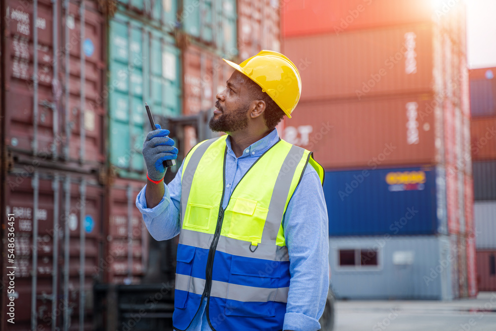 Fotka „Container operator inspection containers box from cargo ship for ...