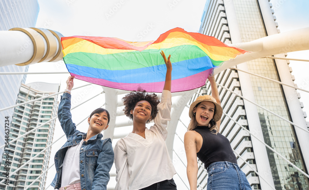 Group of young activist for lgbt rights with rainbow flag,diverse gay ...