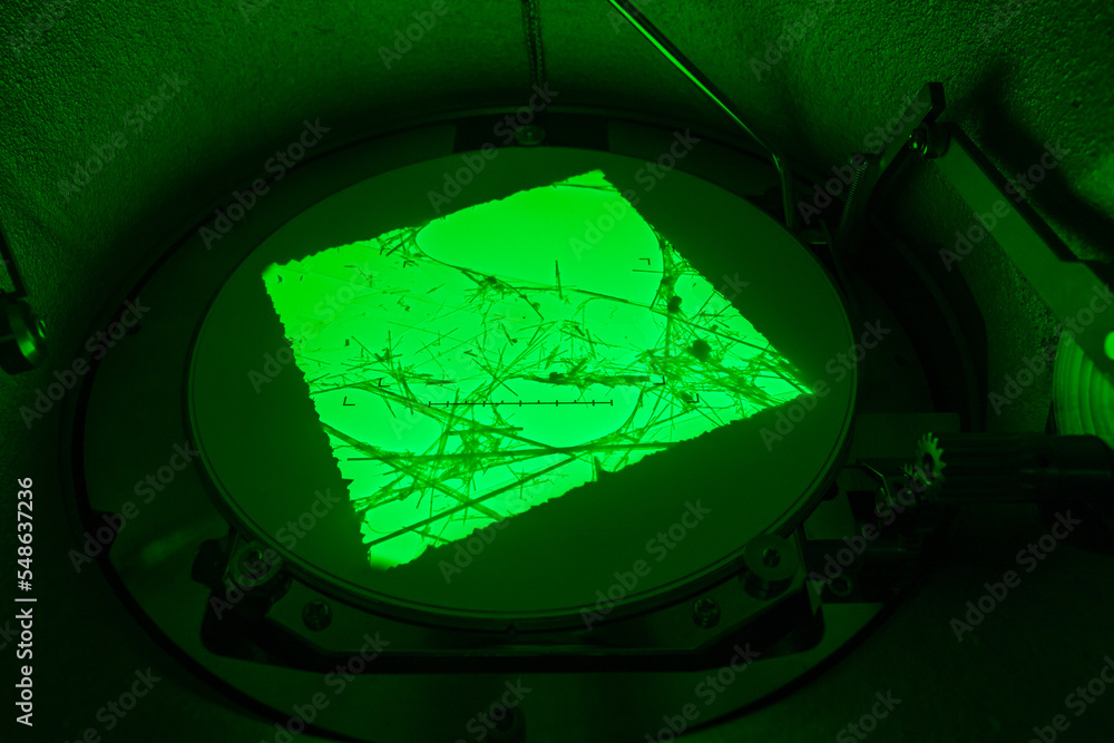 Environmental laboratory, actinolite fibers (asbestos variety) seen on ...