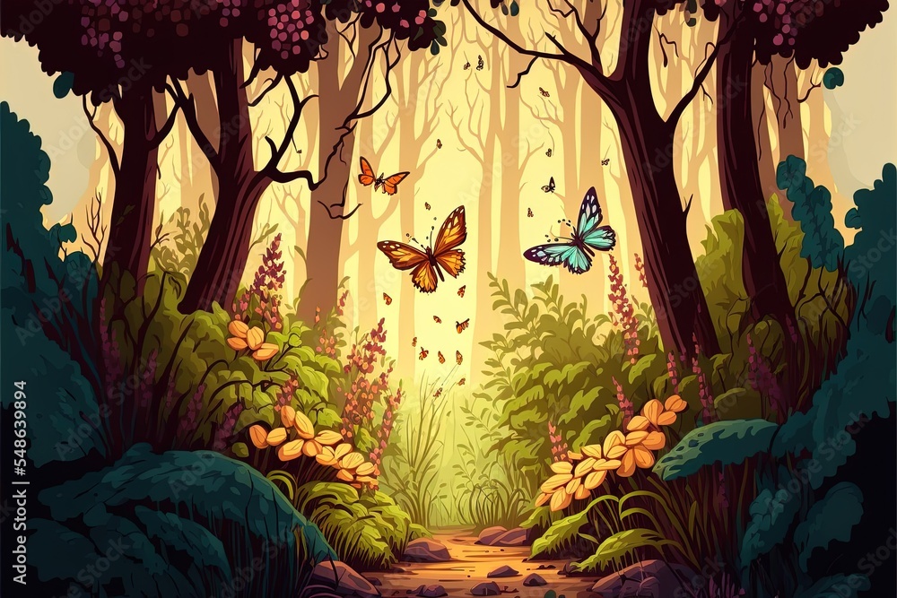 Cartoon Illustration Of Background Forest Glade. Bright Wood With Butterflies. For Design Game ...