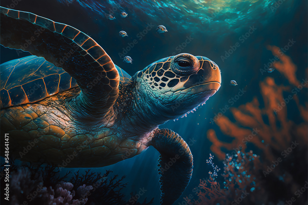 Sea turtle swimming in the Ocean, Digital Illustration, Concept Art ...