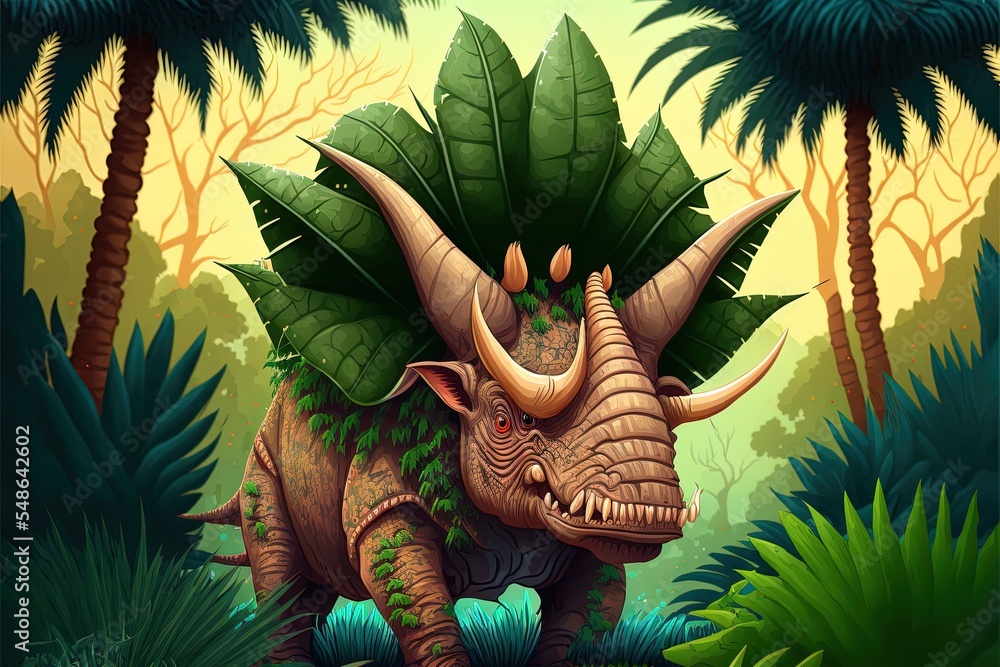 Triceratops Dinosaur In Jungle Prehistoric Wild Animal On Tropical ...
