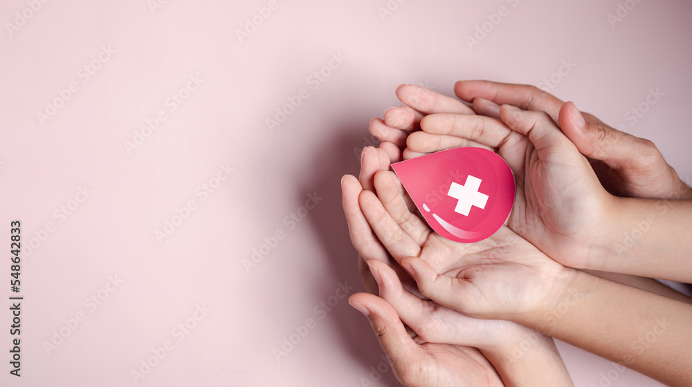 give blood donation, hands holding blood drop paper cut, blood ...