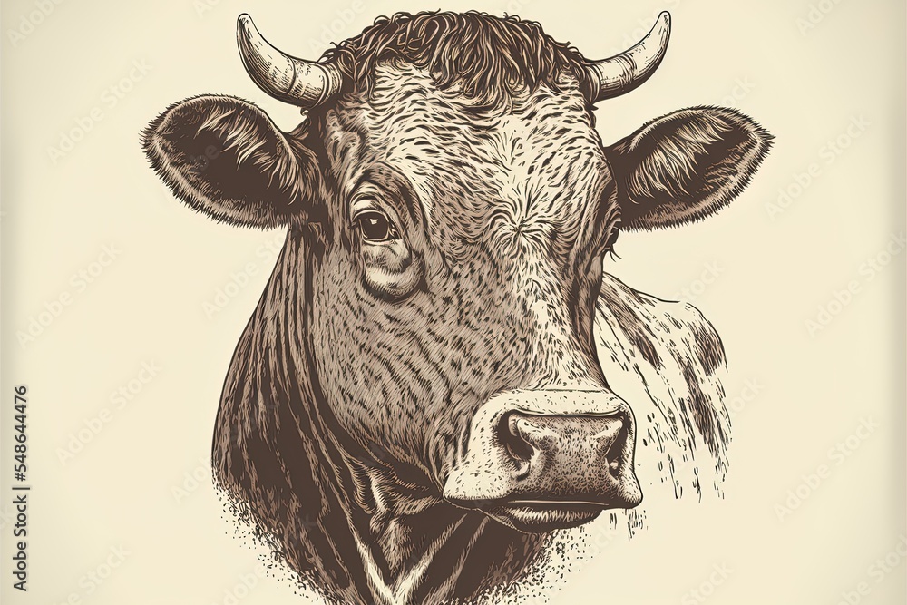 Cows Head. Hand Drawn In A Graphic Style. Vintage 2D Illustrated ...