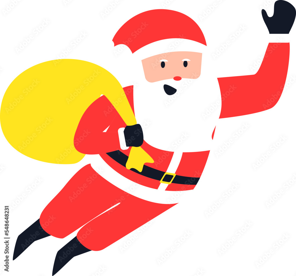 Santa Claus wears a flying Santa uniform carrying a yellow sack Stock ...