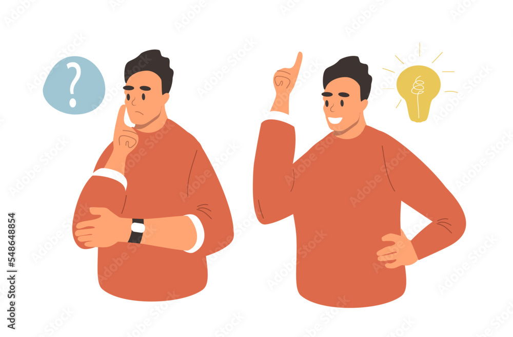 vector illustration in flat style. a male character thinking and a male ...