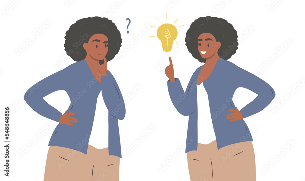 vector illustration in flat style. a female character thinking and a ...