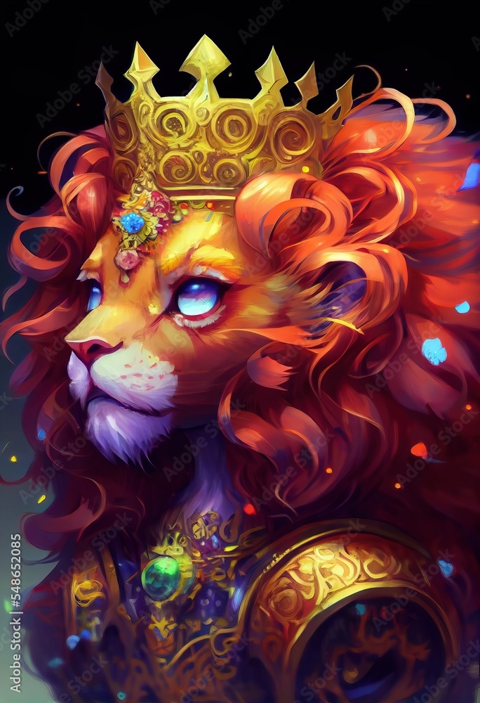 Fantasy cute anthropomorphic lion king in crown. Kids Manga Comic style ...