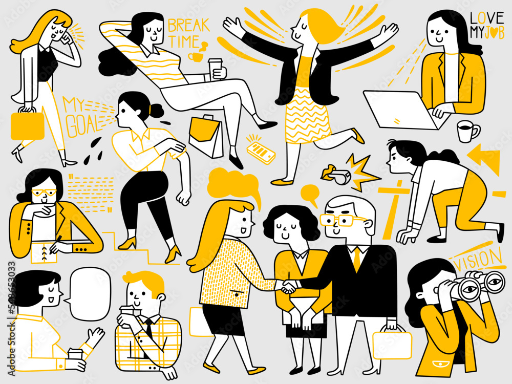 Cute character dooddle illustration of female business office worker in ...