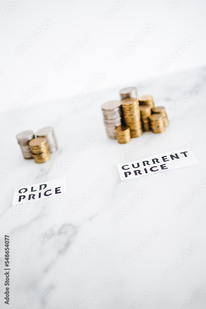 inflation and cost of living going up concept, Old price vs Current ...