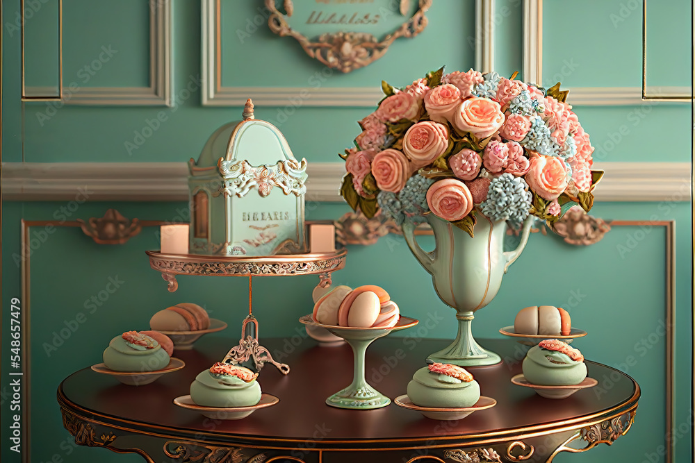 AI generated image of a vintage ornate high tea table with stacked ...