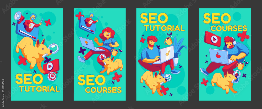 Seo tutorial posters. Digital concept with contemporary characters with ...