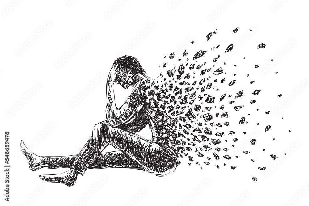 Depressed Man Sitting On Floor Black And White Sketch Illustration Of