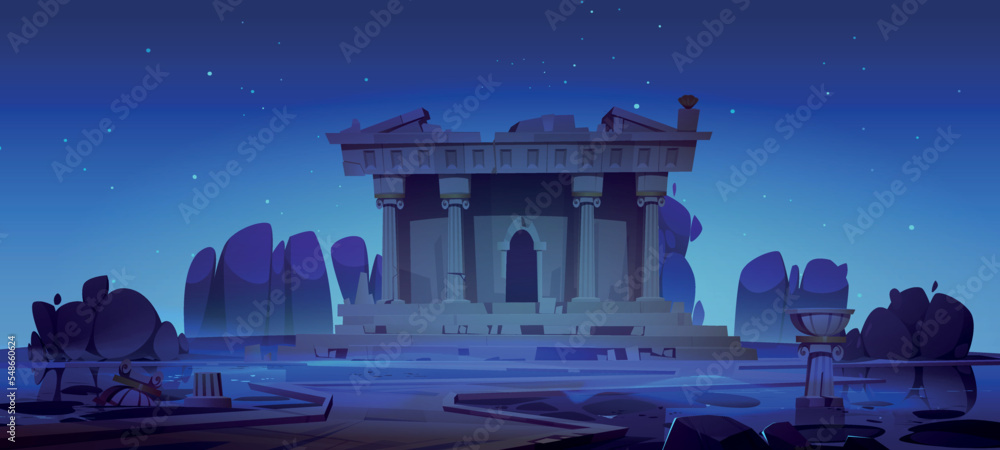 Broken ancient temple building at night. Old greek or roman ...
