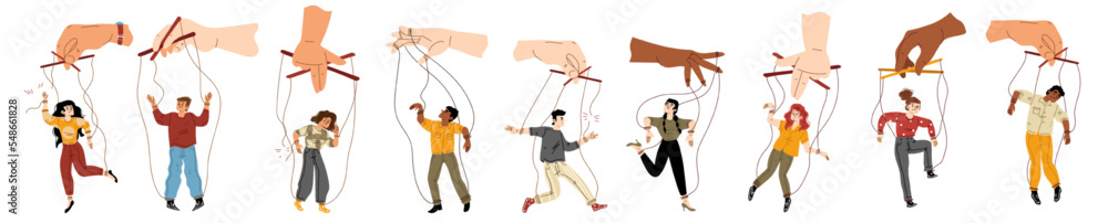 Puppet people controlled by puppeteer hand set on white background ...