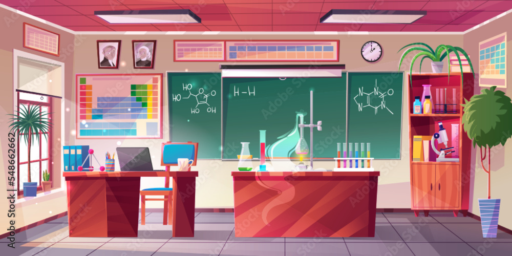 Vecteur Stock Chemistry classroom interior, vector cartoon illustration. School room with ...