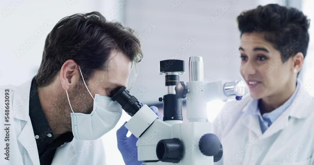 Covid, science and teamwork with people and microscope in laboratory ...