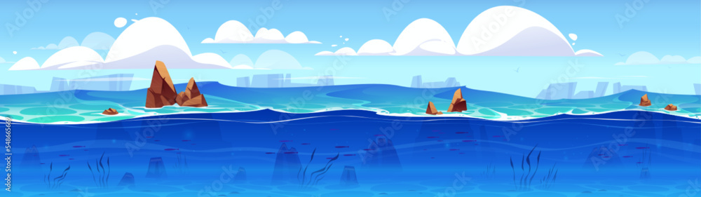Poster Ocean or sea underwater background cross section view and cloudy ...