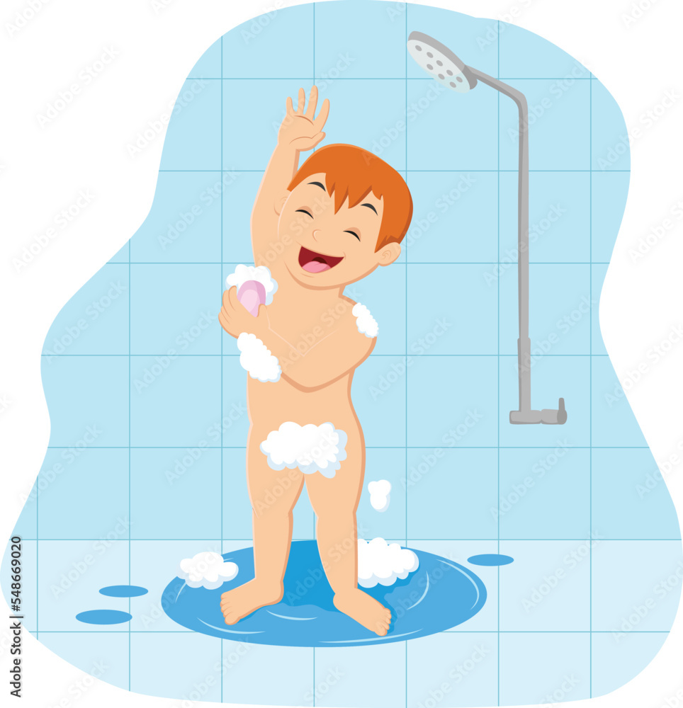 Cartoon happy little boy taking a bath Stock Vector | Adobe Stock