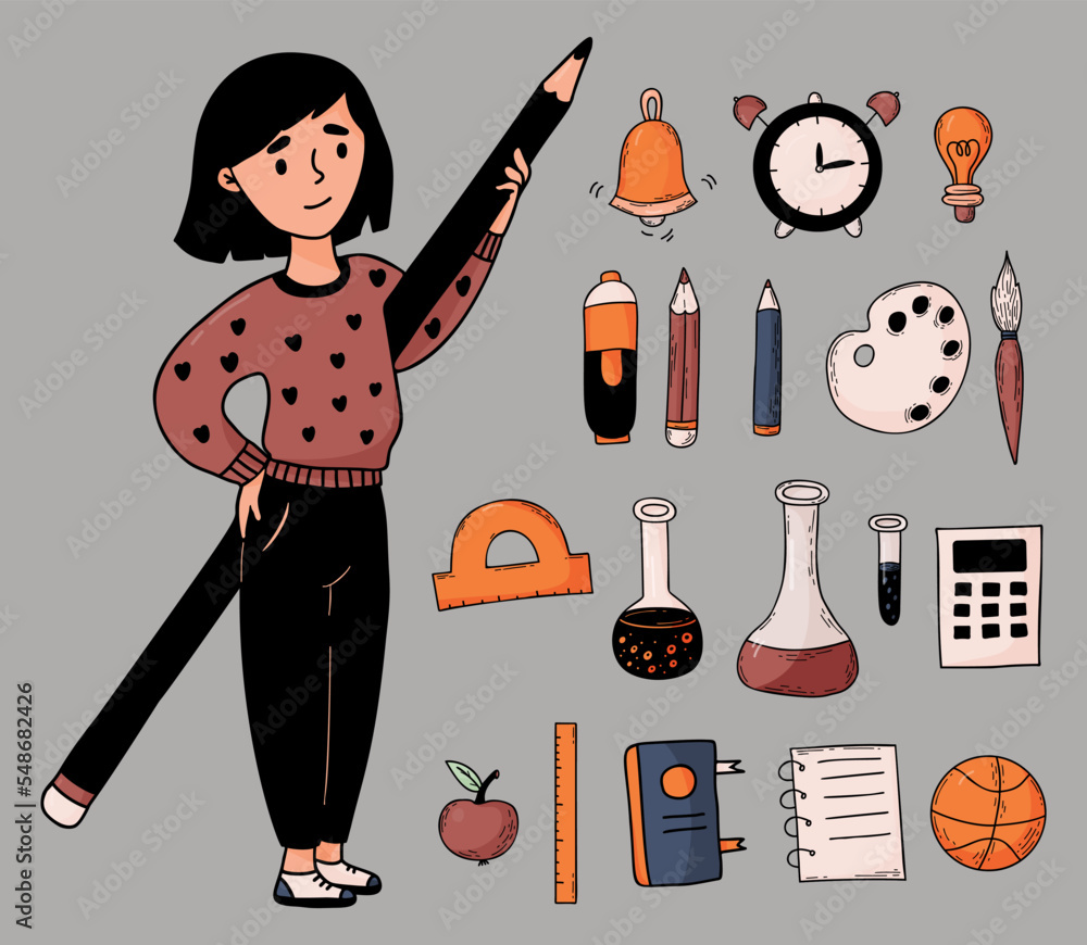 School collection. Girl schoolgirl with big pencil and school subjects ...