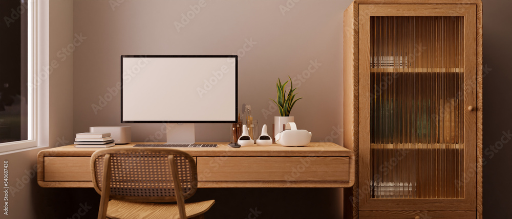 Minimalist Scandinavian home working space with computer on wood table ...