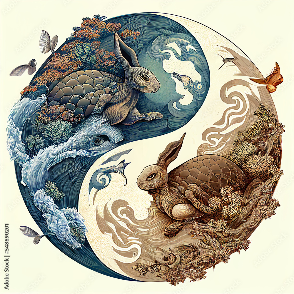 rabbit turtle digital art Ying yang old story digital art ai-generated ...