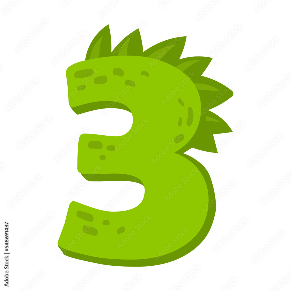 Colorful number three with dinosaur spikes vector illustration. Figures ...