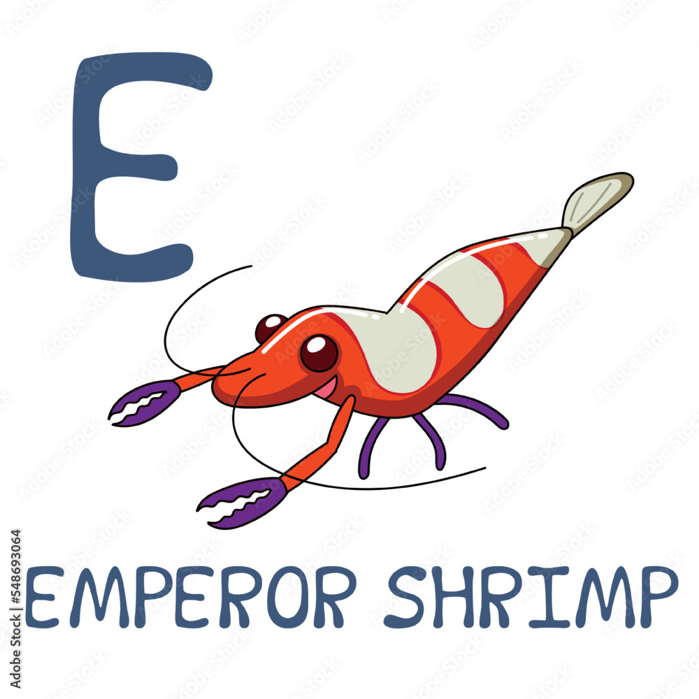 Cute Sea Animal Alphabet Series. E is for emperor shrimp. Vector ...