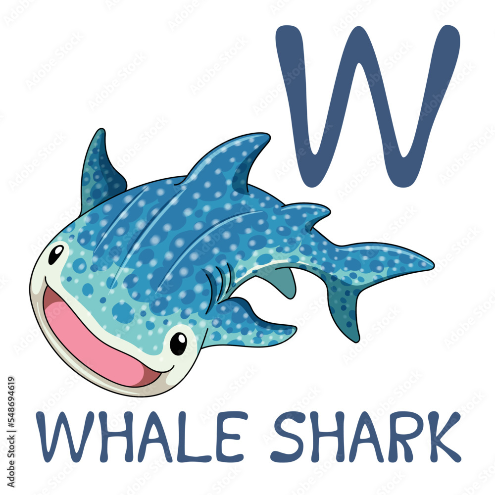Cute Sea Animal Alphabet Series. W is for Whale Shark. Vector cartoon ...
