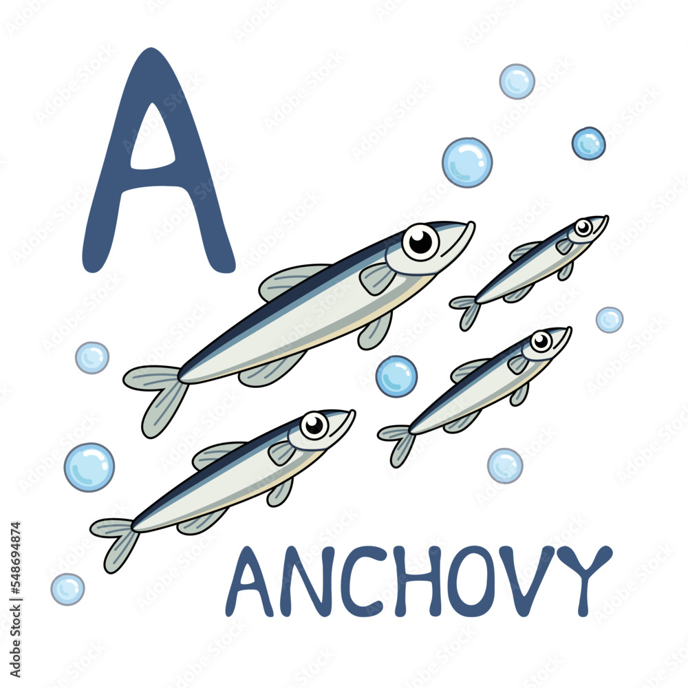 Cute Sea Animal Alphabet Series. A is for anchovy. Vector cartoon ...