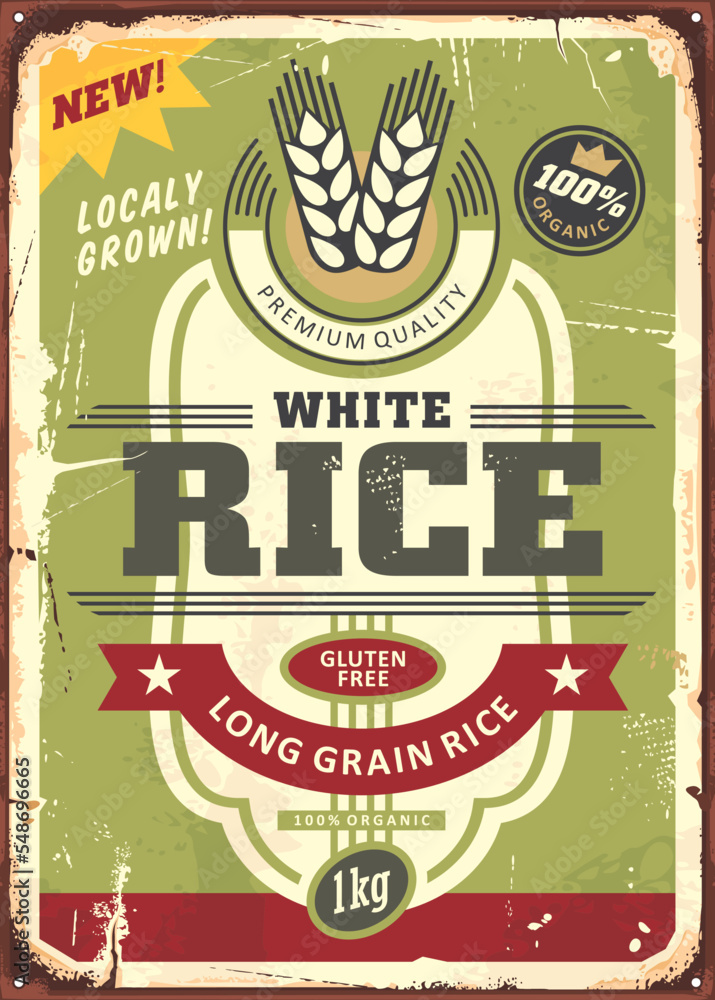 Long grain white rice retro advertisement sign on old scratched metal ...